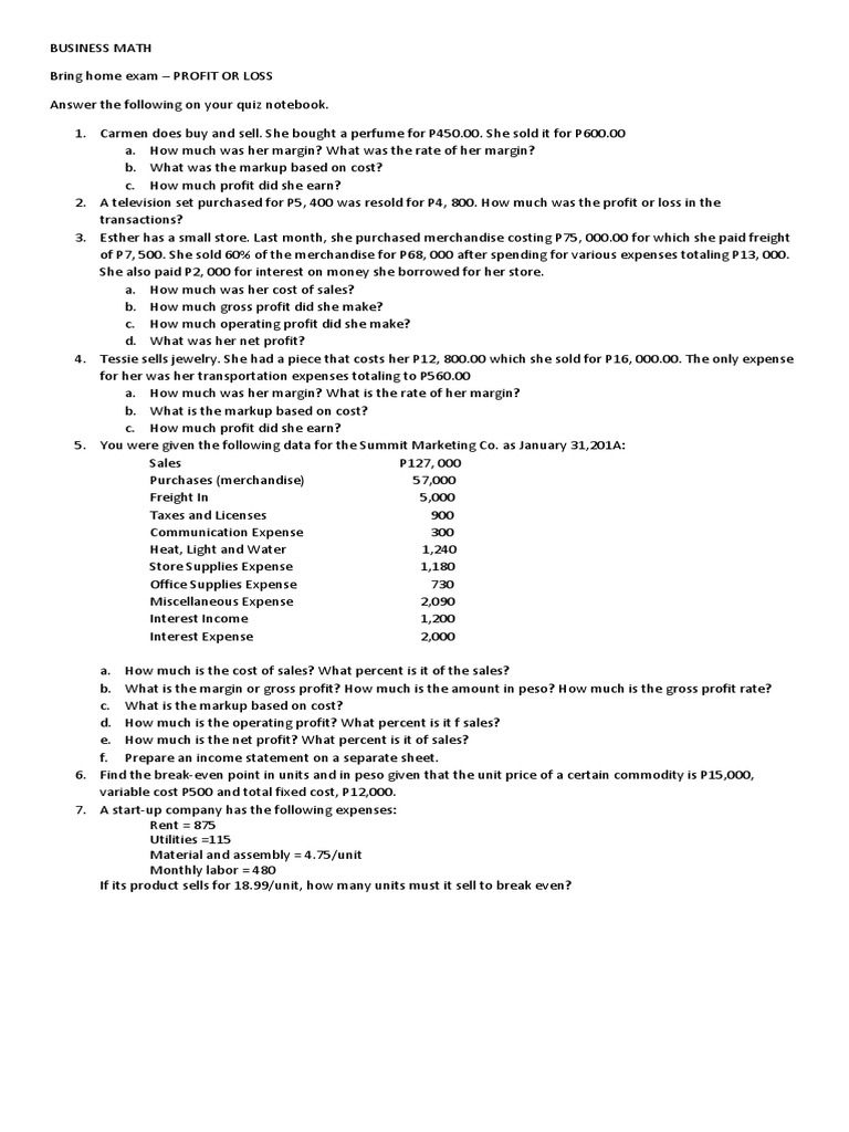 Profit and Loss in Business Math | PDF | Economies | Business Economics