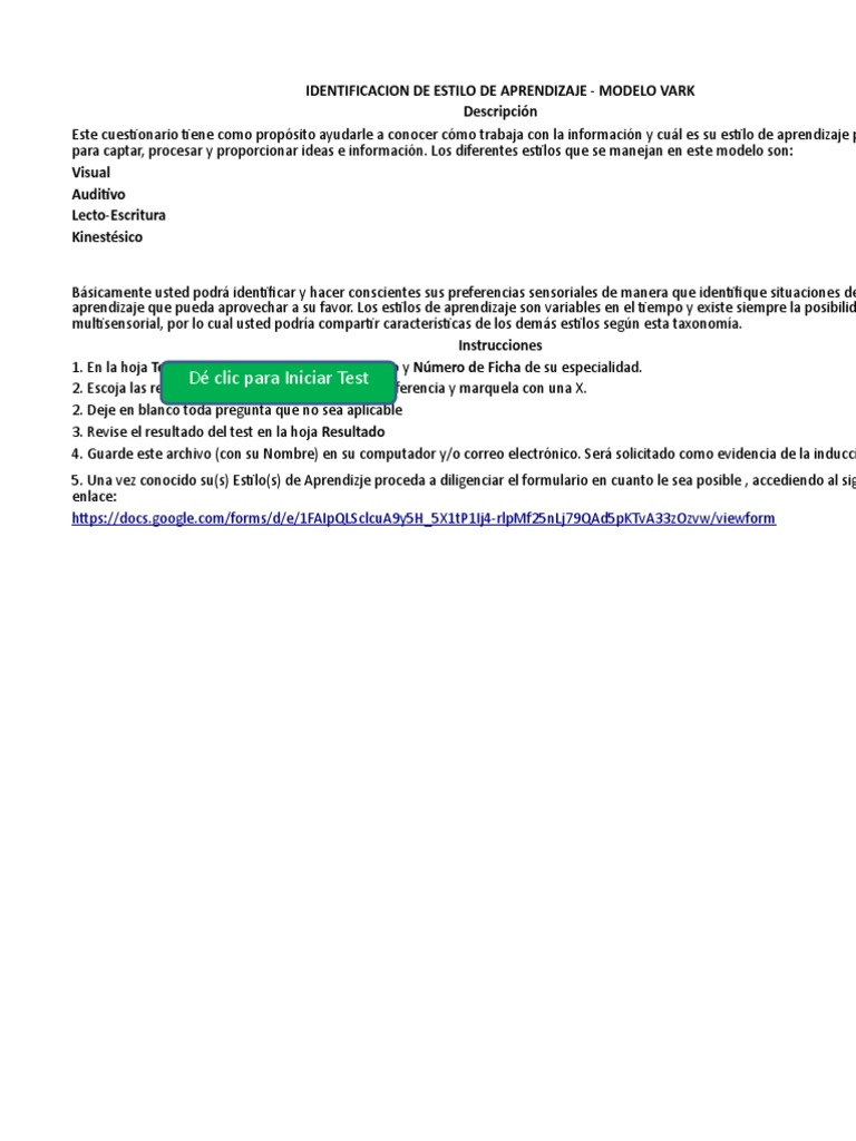 Test - Manual Estilos de Aprendizaje - V A R K | PDF | Aprendiendo ...