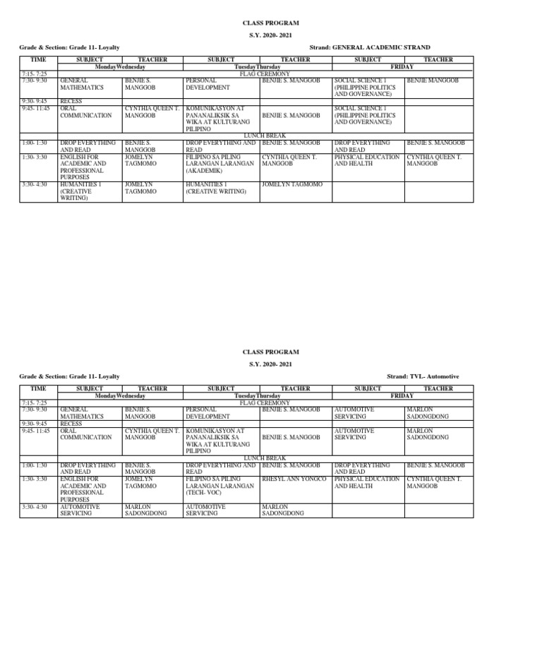 Class Program S.Y. 2020-2021 Grade & Section: Grade 11 - Loyalty Strand ...