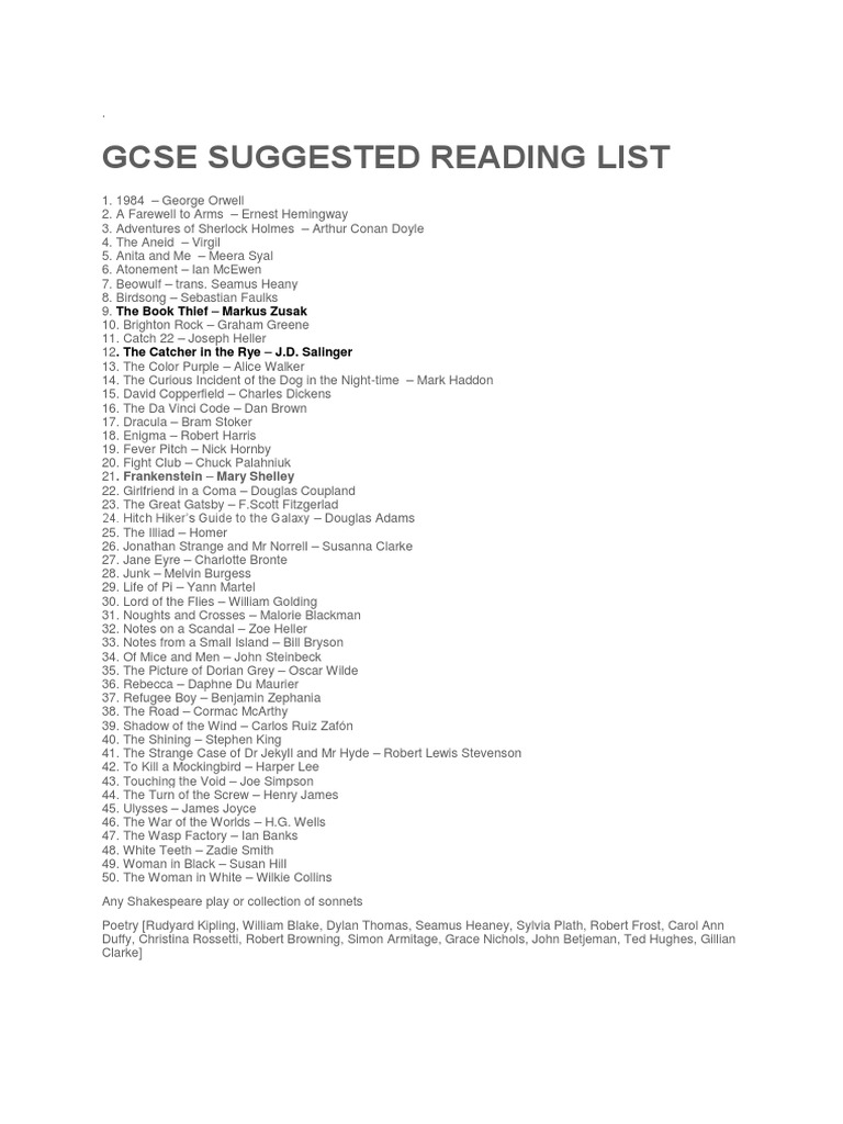 Gcse Suggested Reading List: The Book Thief - Markus Zusak | PDF