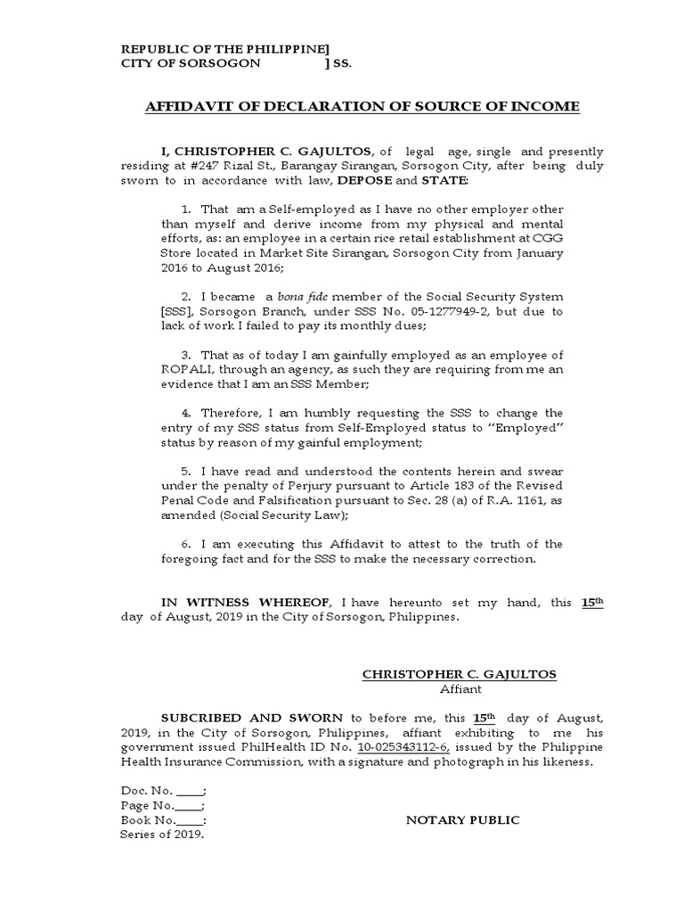 Affidavit of declaration of source of income
