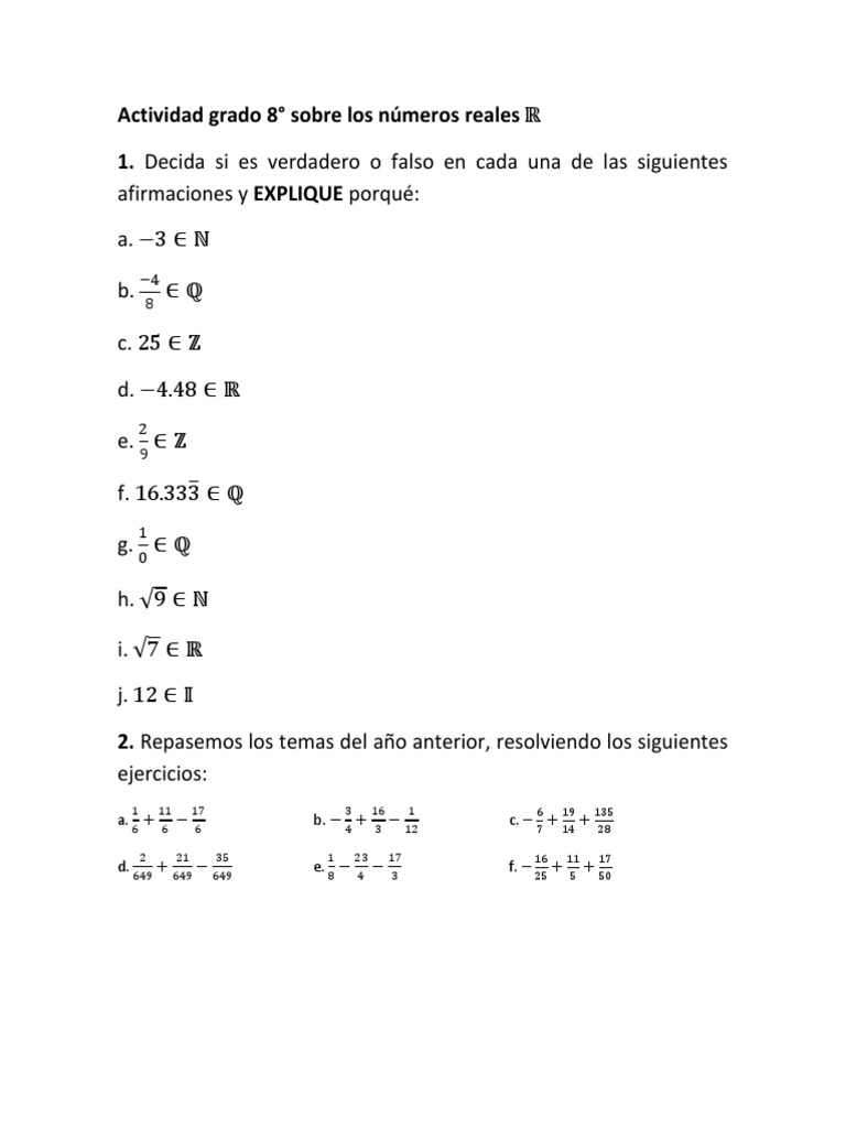 Actividades de Números Reales 8° | PDF