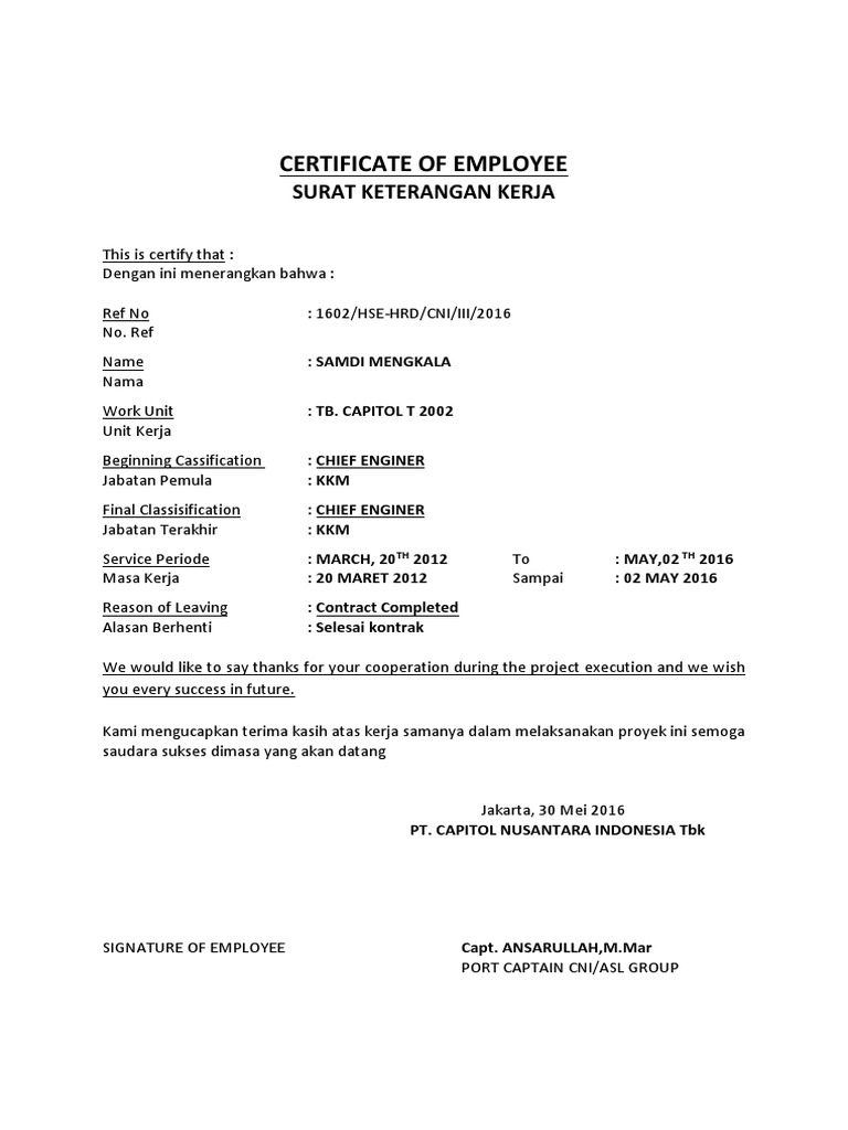 Certificate of Employee PL | PDF
