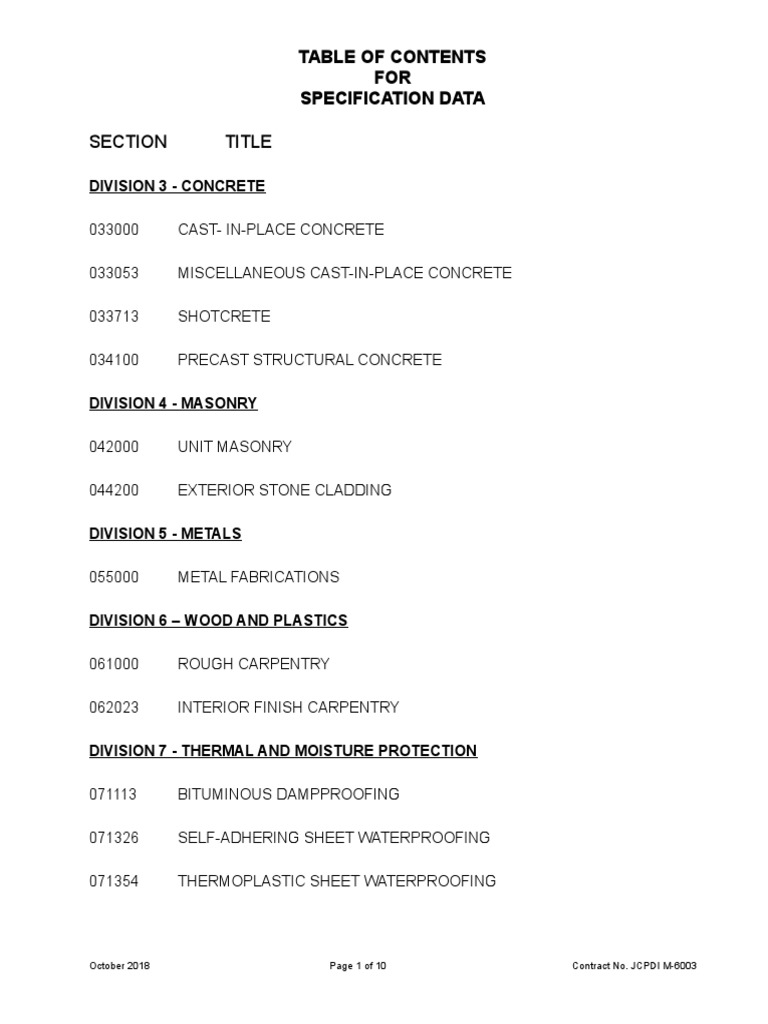 Table of Contents for Specification Data Divisions 3 Through 33 for ...