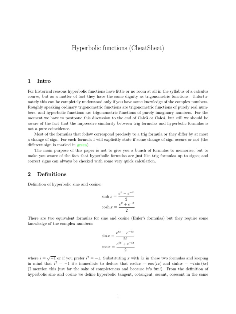 Hyperbolic Functions Cheat Sheet | PDF | Trigonometric Functions ...