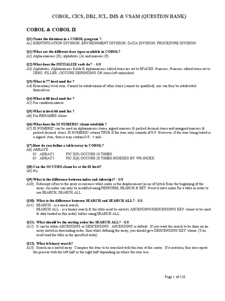 Cobol & Cobol Ii: Cobol, Cics, Db2, JCL, Ims & Vsam (Question Bank) | PDF