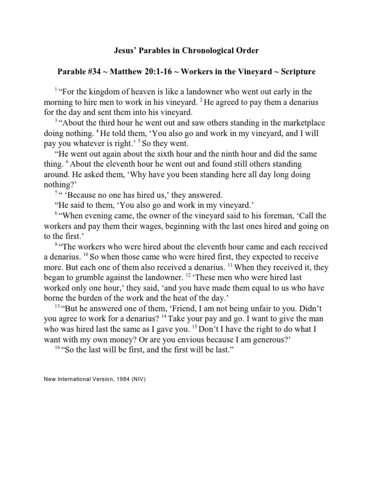 Jesus' Parables in Chronological Order Parable #34 Matthew 20:1-16 ...