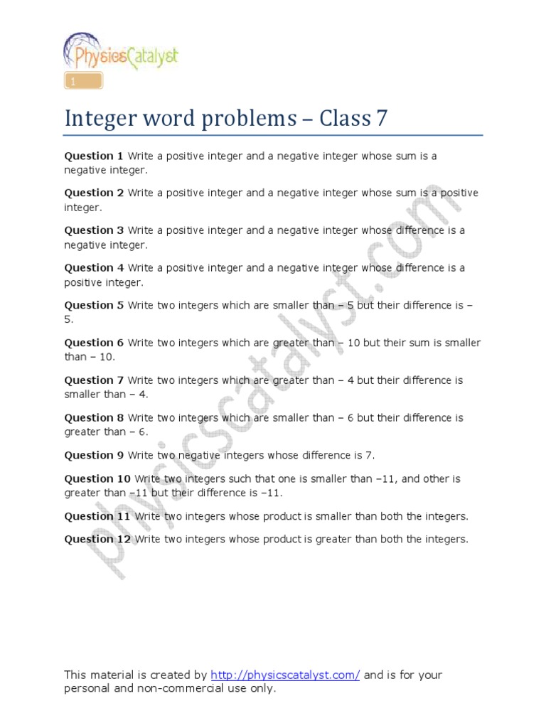 Word Problems Integers2 | PDF