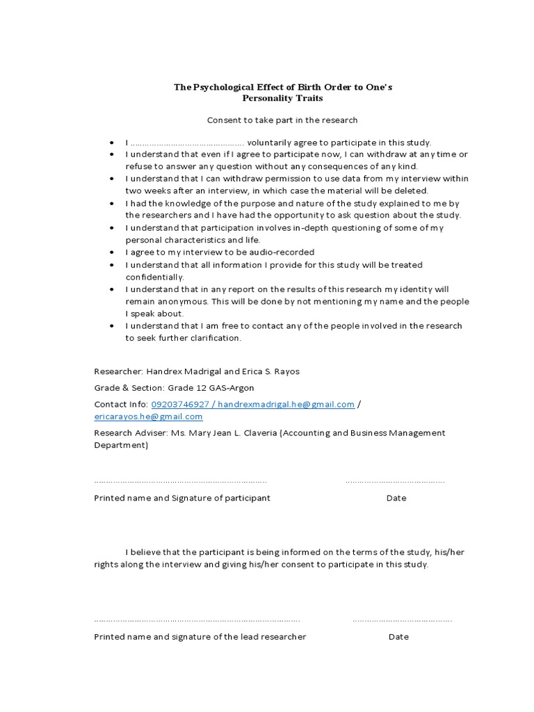 The Psychological Effect of Birth Order To One's Personality Traits | PDF