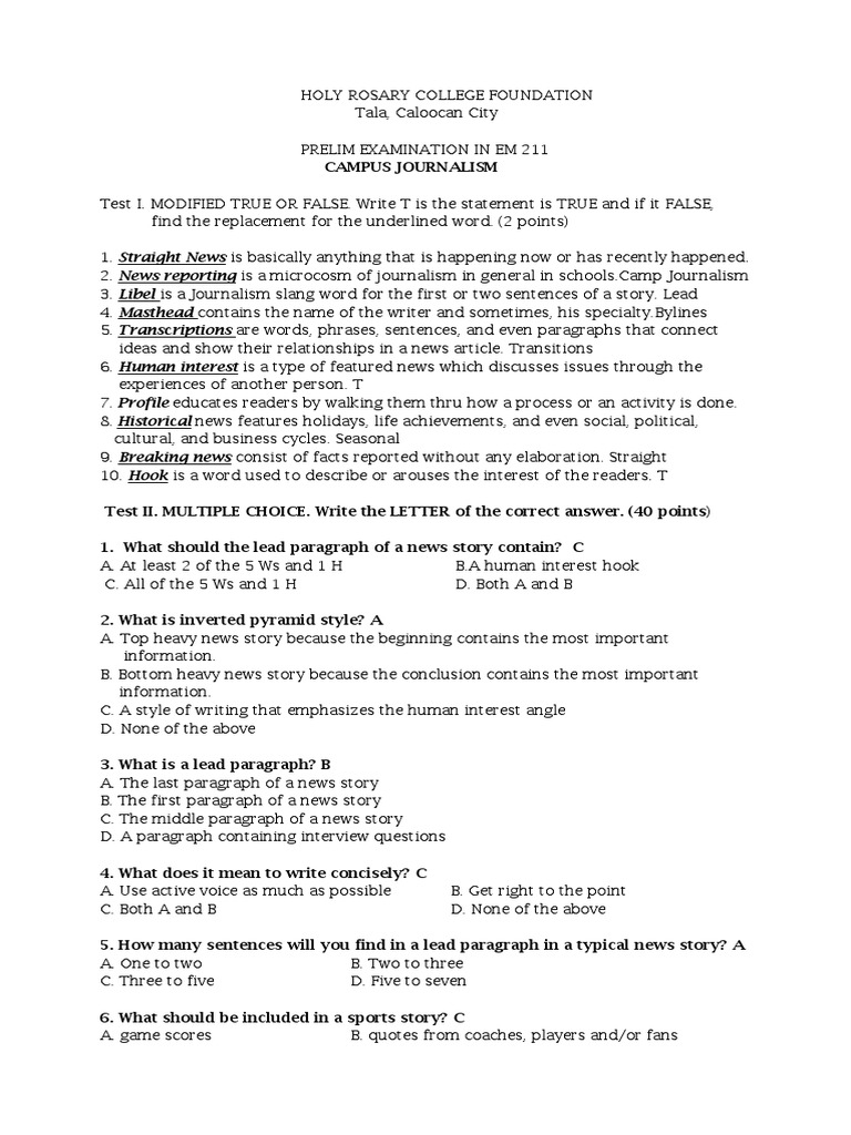 Journalism Question & Answer Key | PDF | Defamation | News