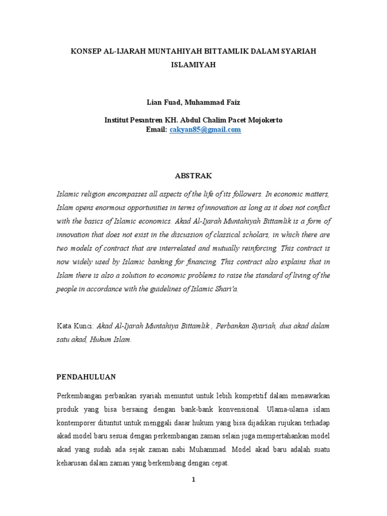 Konsep Al-Ijarah Muntahiyah Bittamlik PDF | PDF