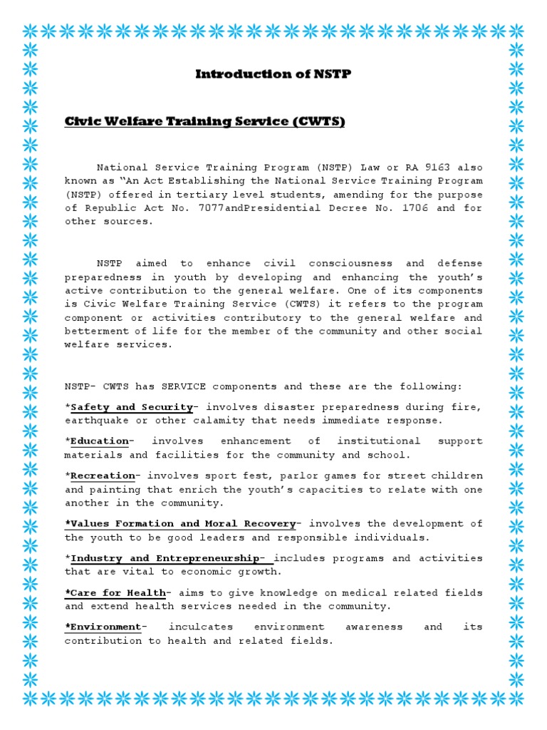 Introduction of NSTP: Values Formation and Moral Recovery-Involves The ...