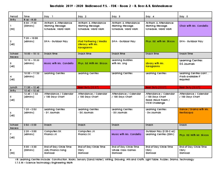 Class Timetable Weekly Bridlewood 19-20 | PDF | Cognition | Pedagogy