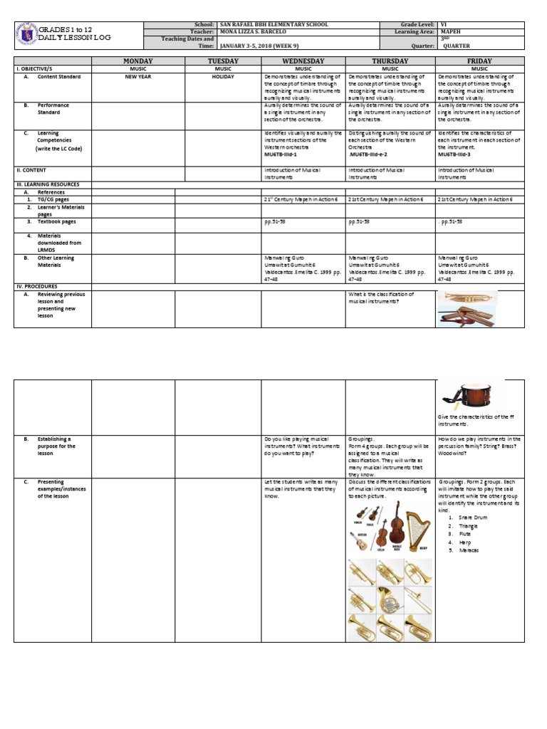DLL MAPEH 6 Q3 W8 Music Straight | PDF | Musical Instruments | Woodwind Instruments
