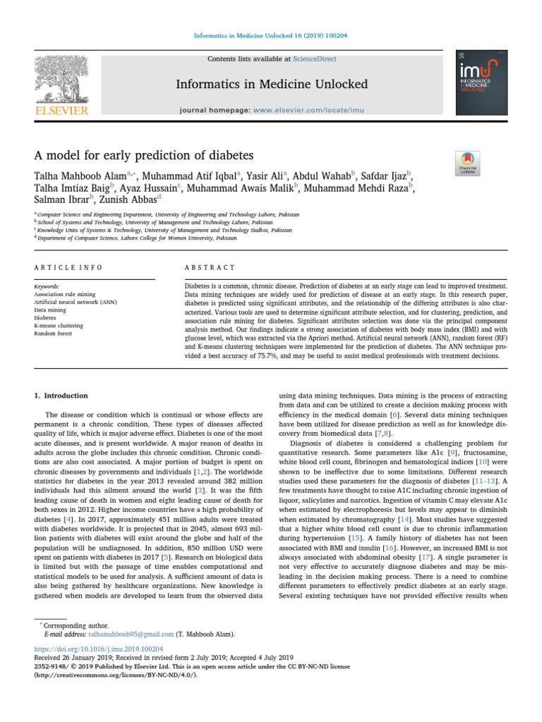 A Model For Early Prediction of Diabetes | PDF | Cluster Analysis ...
