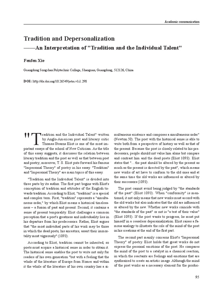 Tradition and Depersonalization —An Interpretation of 'Tradition and ...