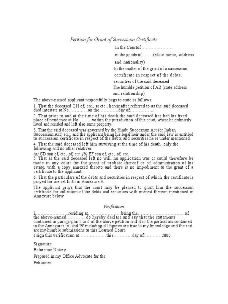 Succession Certificate Petition Format | PDF | Probate | Civil Law (Legal System)