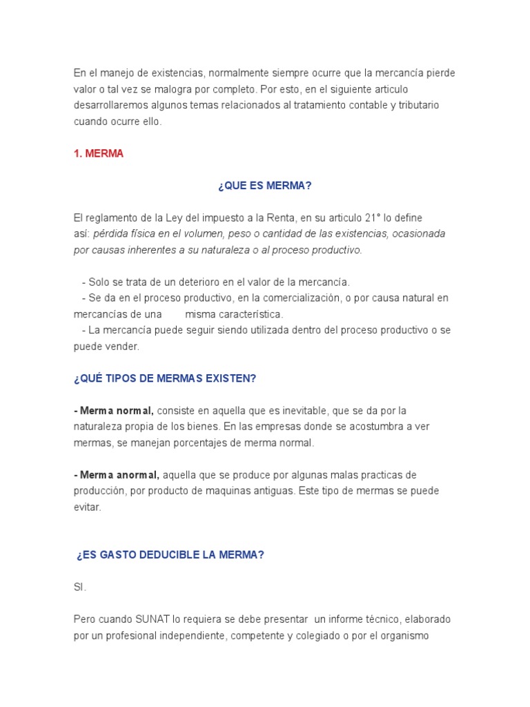 Mermas y Desmedros: Definición y Tratamiento | PDF | Bienes | Contabilidad