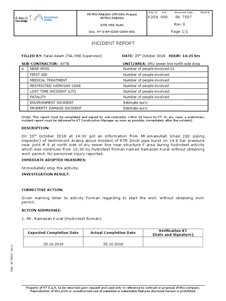 Incident Report: Proj. N. Unit Document Code Serial N | PDF ...
