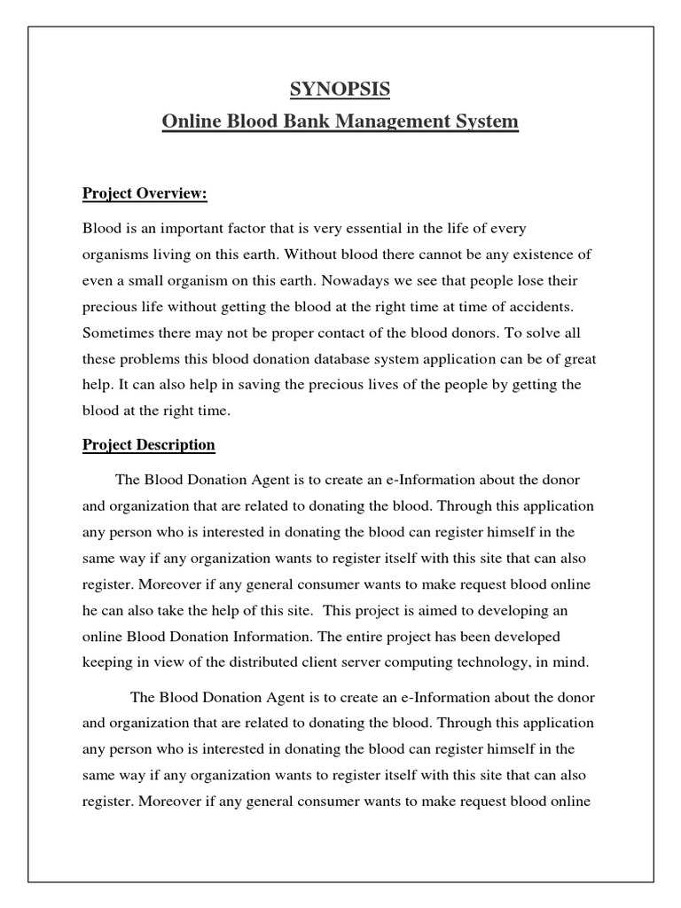Synopsis Online Blood Bank Management System: Project Overview | PDF ...