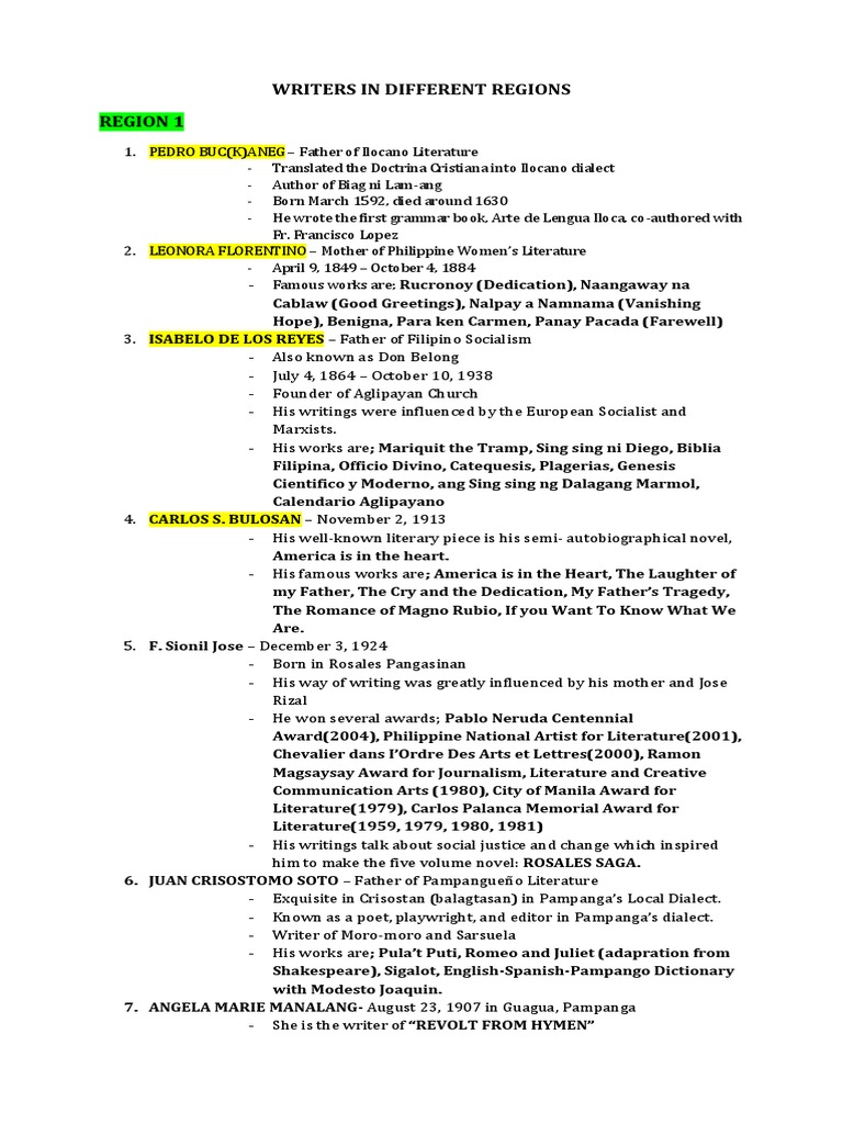 Writers in Different Regions | PDF | Philippines | Poetry