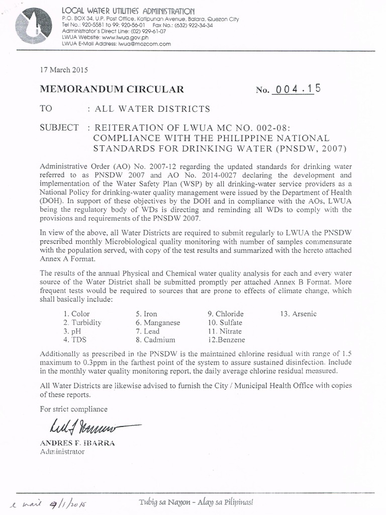 LWUA Memorandum Circular 004.15 PDF | PDF