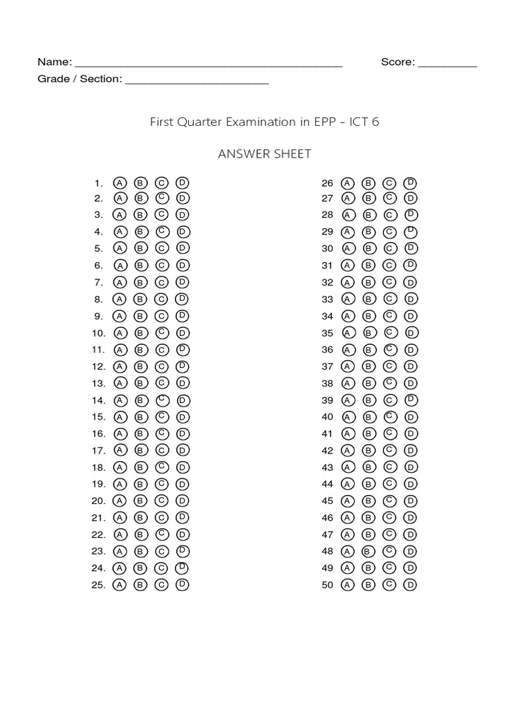 First Quarter Examination in EPP - ICT 6 Answer Sheet | PDF