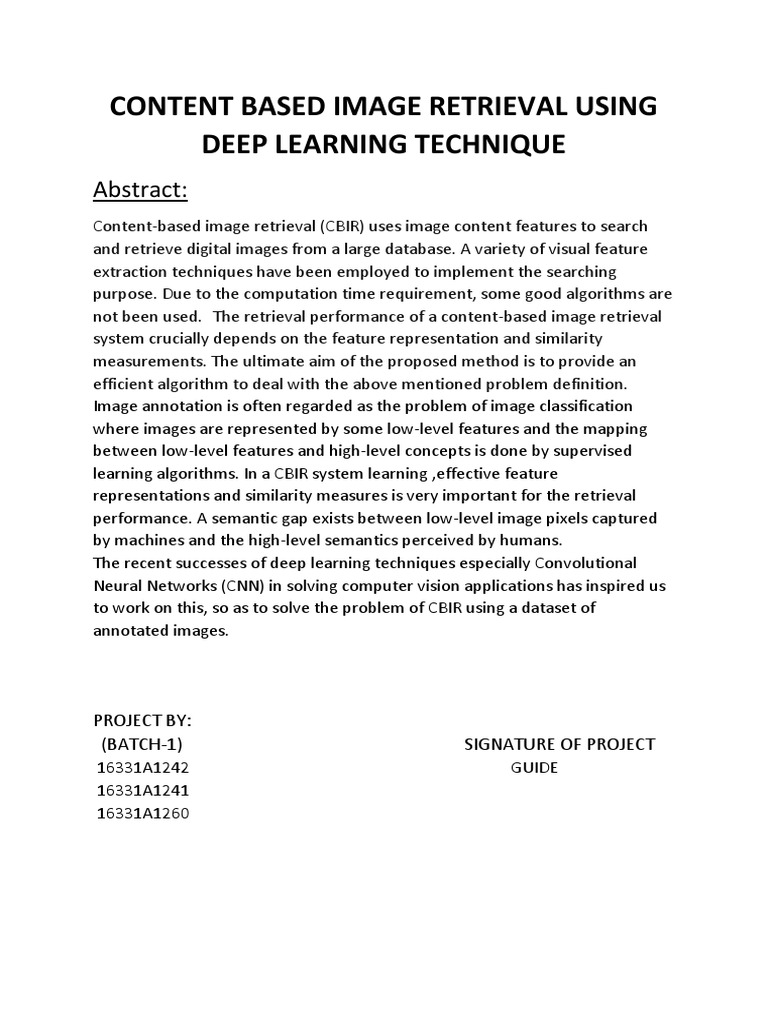 Content Based Image Retrieval Using Deep Learning Technique: Abstract | PDF