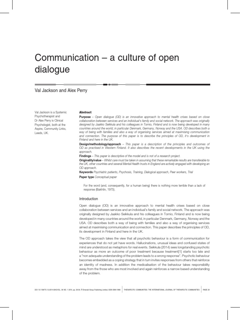 Communication - A Culture of Open Dialogue | PDF | Therapy | Psychotherapy