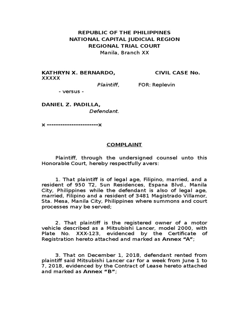 Complaint With Writ of Replevin | PDF | Affidavit | Common Law