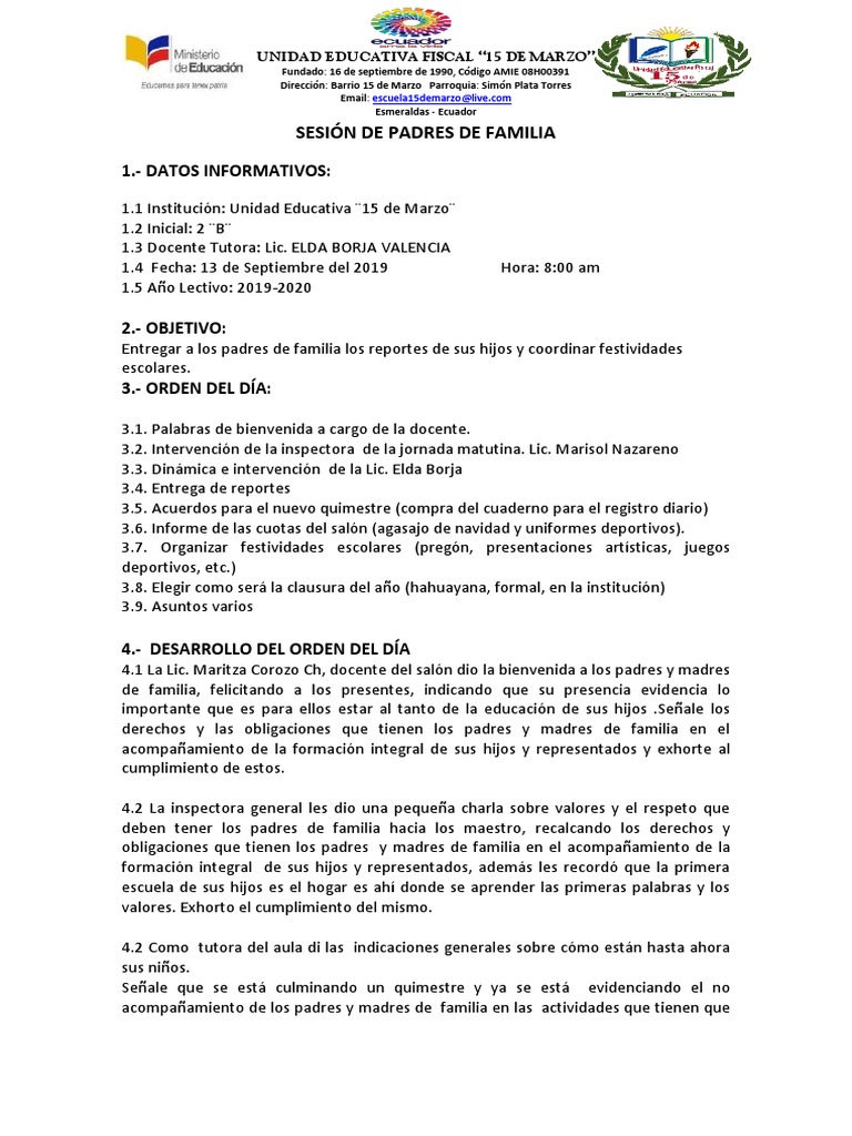 Informe De Padres De Familia Pdf