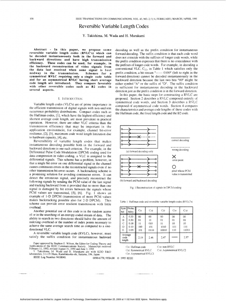Takishima - Reversible Variable Length Codes | PDF | Code | Data Compression