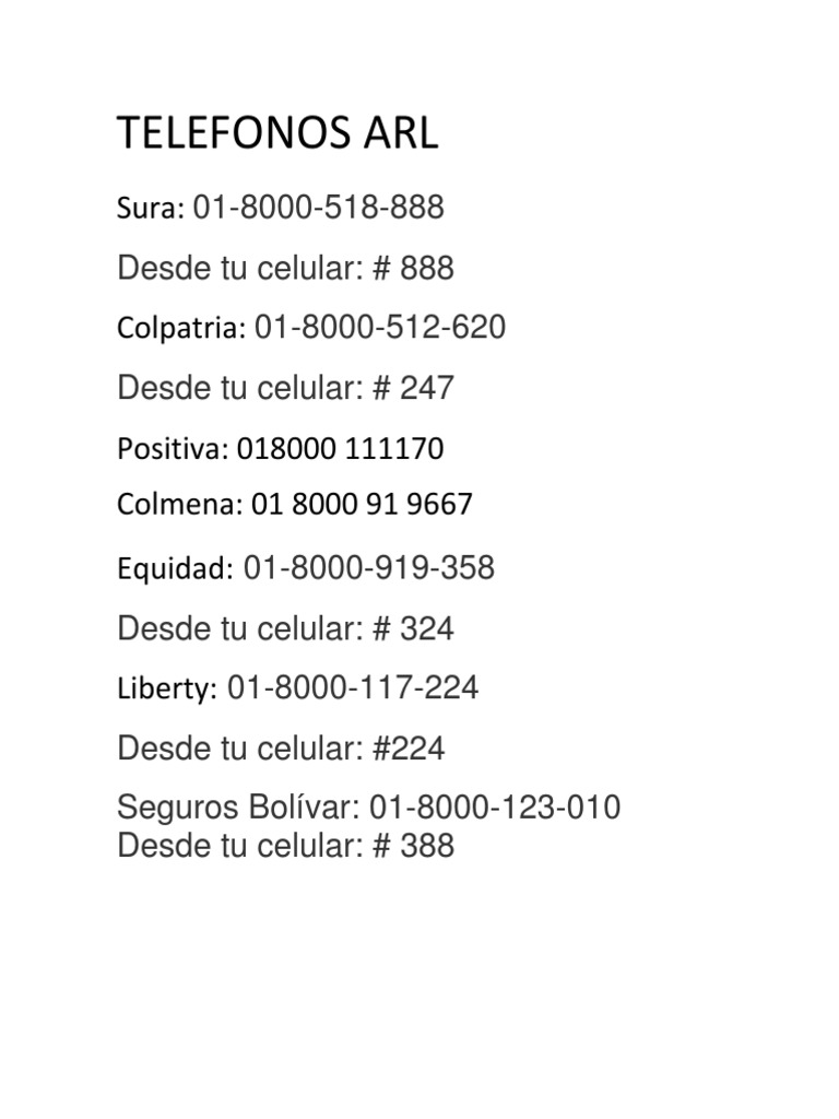 Teléfonos de ARL Positiva y Otros | PDF