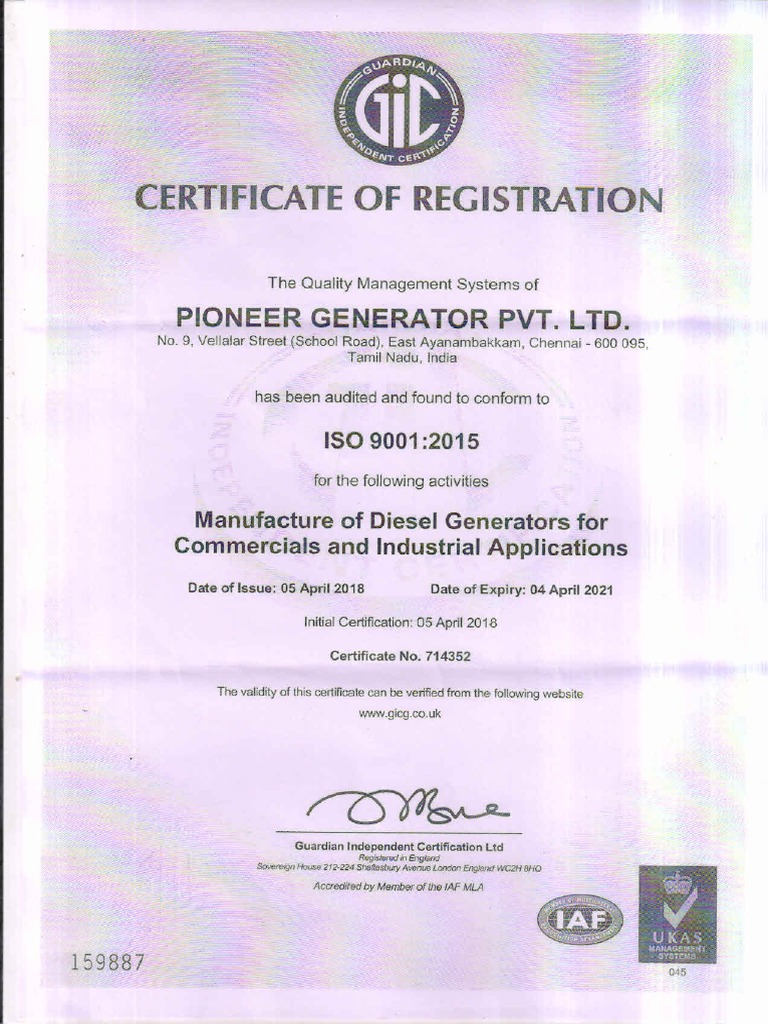 Generator Cert of Reg | PDF