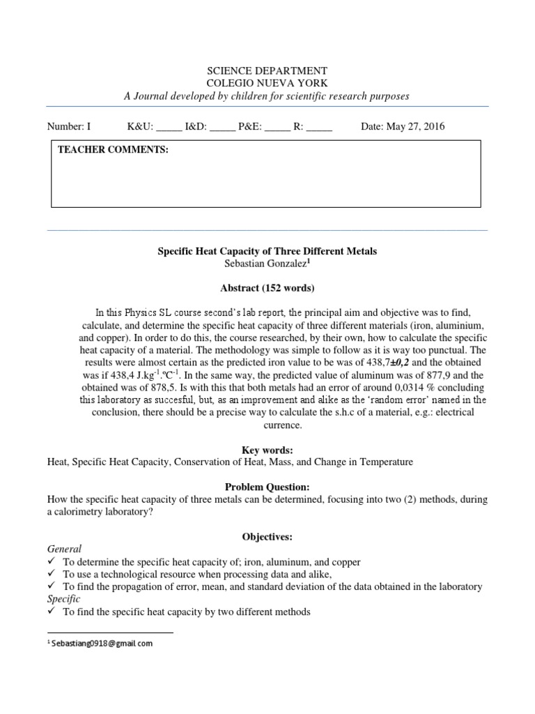 Specific Heat Capacity Lab Report | PDF | Celsius | Heat