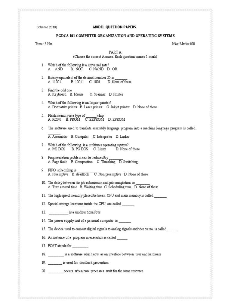 Model Question Papers. Pgdca 101 Computer Organization and Operating ...