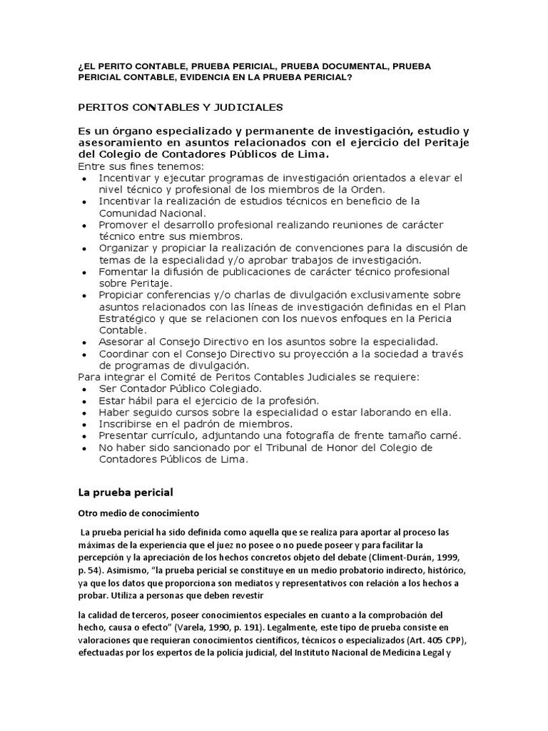El Perito Contable Pdf Testigo Experto Evidencia Ley
