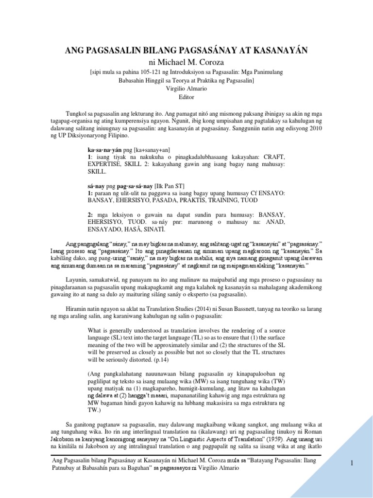 V. Introduksiyon Sa Pagsasalin Mga Panimulang Babasahin Hinggil Sa ...