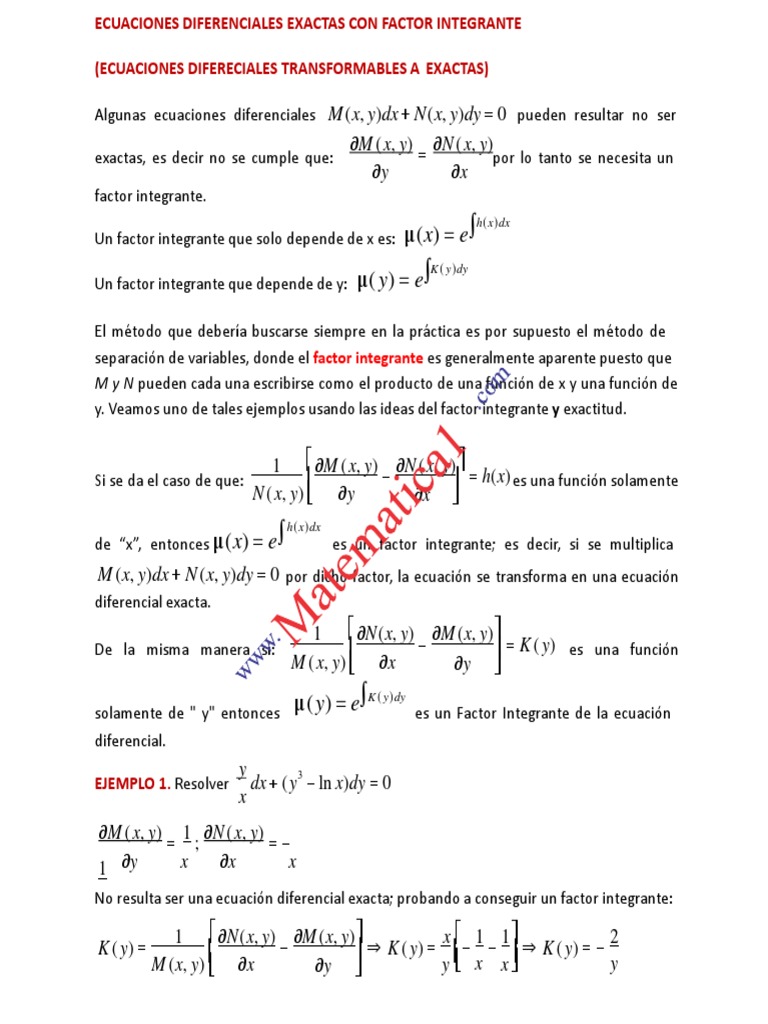 51 - Ecuaciones Diferenciales Exactas Con Factor Integrante | PDF | Ecuaciones | Cálculo