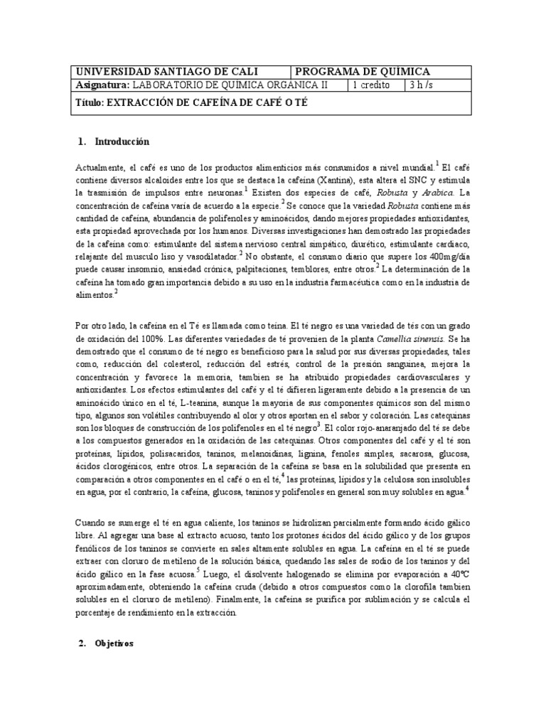 Lab 1 Guia Extraccion De Cafeina De Te O Cafe Pdf Té Cafeína