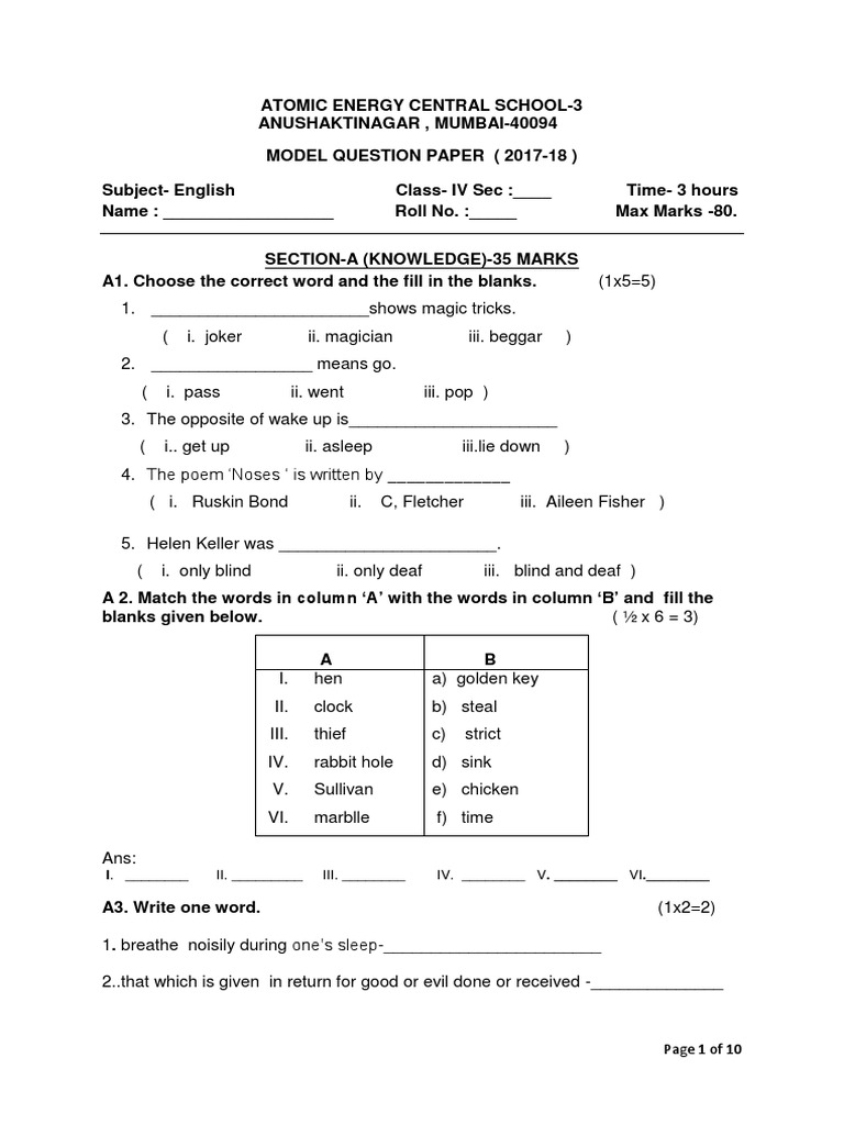 Class IV English Model Paper 2017-18 | PDF | Ice | Water
