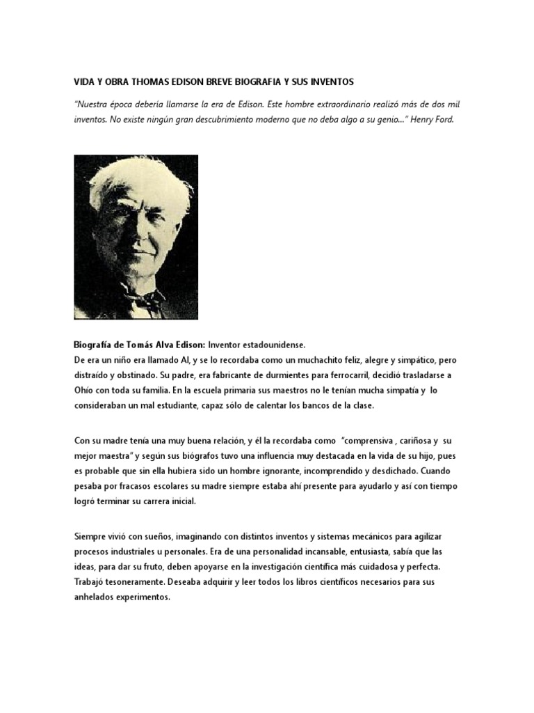 Vida y Obra Thomas Edison | Descargar gratis PDF | Thomas Edison ...