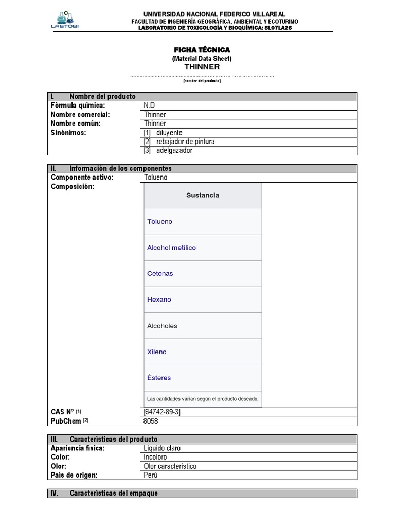 Ficha Tecnica Del THINNER | PDF | Compuestos químicos | Química