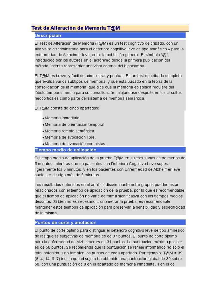 Test de Alteracion de La Memoria | PDF | Enfermedad de Alzheimer | Memoria