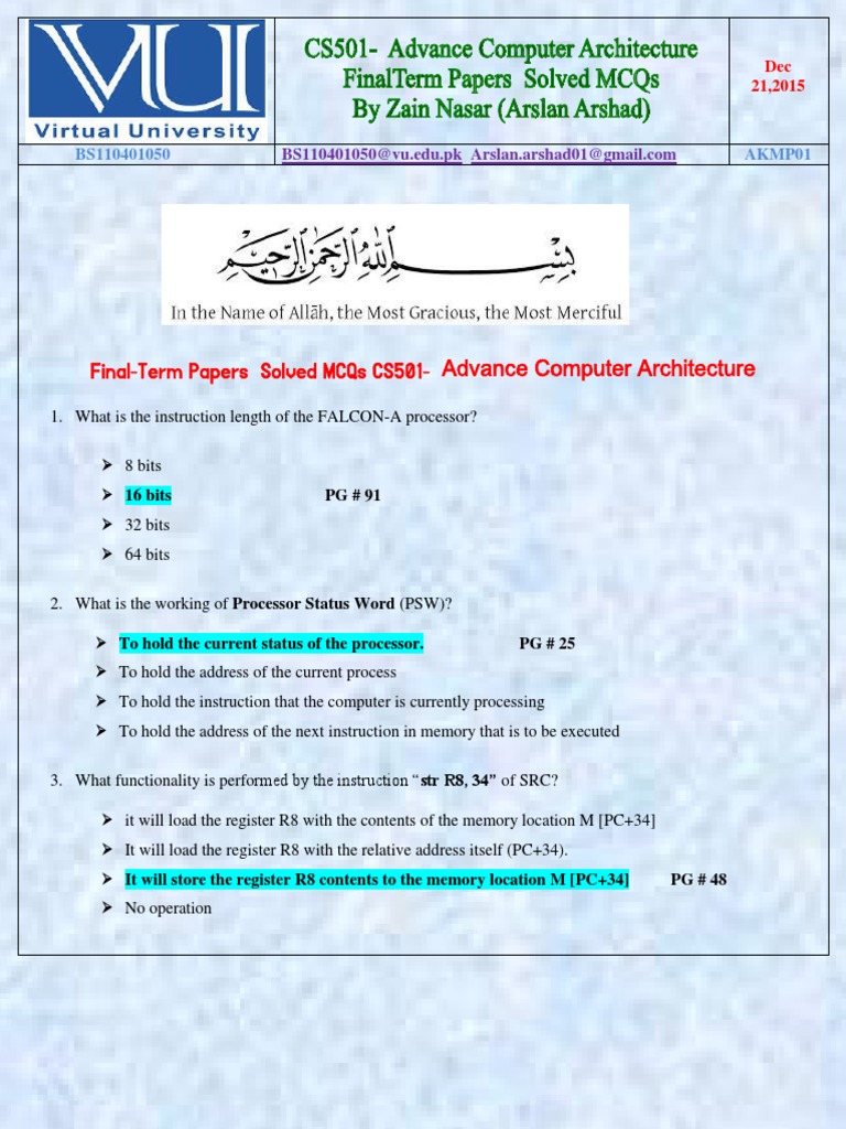 Final-Term Papers Solved Mcqs Cs501-Advance Computer Architecture | Download Free PDF | Random ...