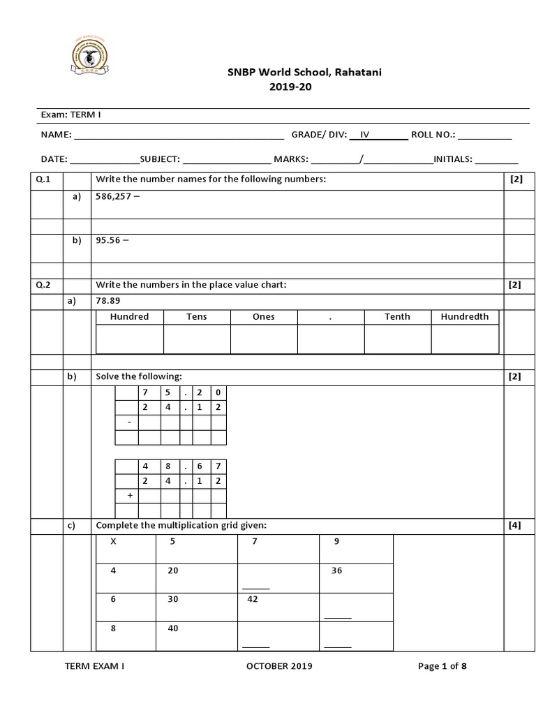 Grade4-Maths-Term 1 Question Paper 60 Marks | PDF | Elementary ...