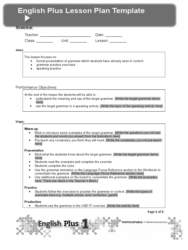 Ep2e Grammar Lesson Plan Template | PDF | Lesson Plan | Grammar