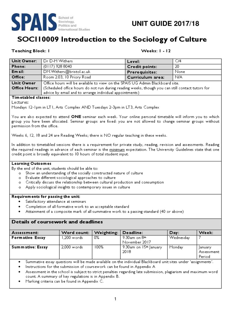 SOCI10009 Introduction To The Sociology of Culture: UNIT GUIDE 2017/18 ...