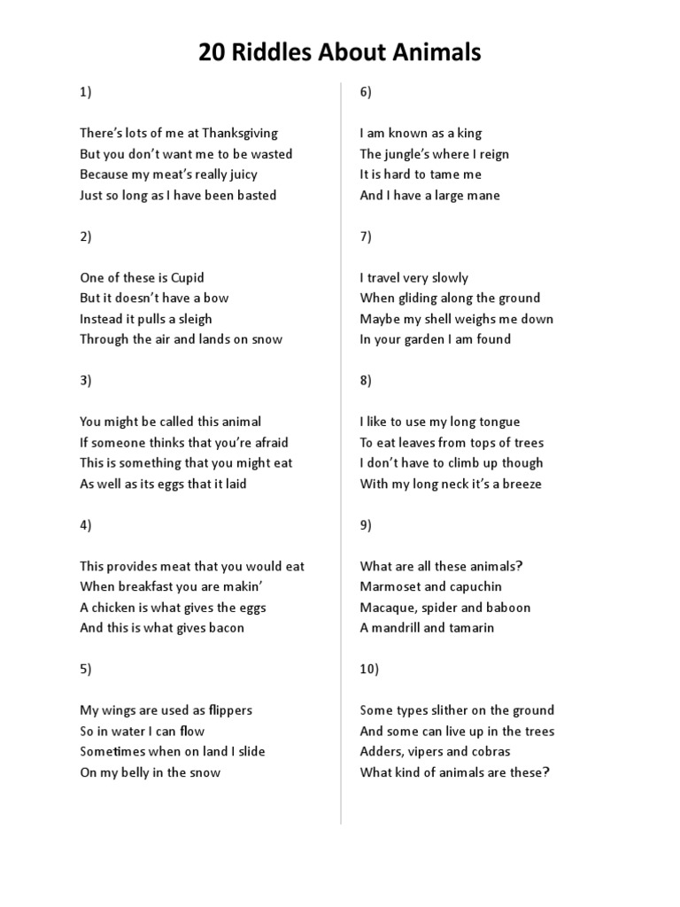 20 Animal Riddles For Kids | PDF | Organisms | Nature