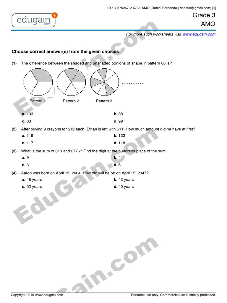 Grade 3 AMO: Choose Correct Answer(s) From The Given Choices | PDF ...
